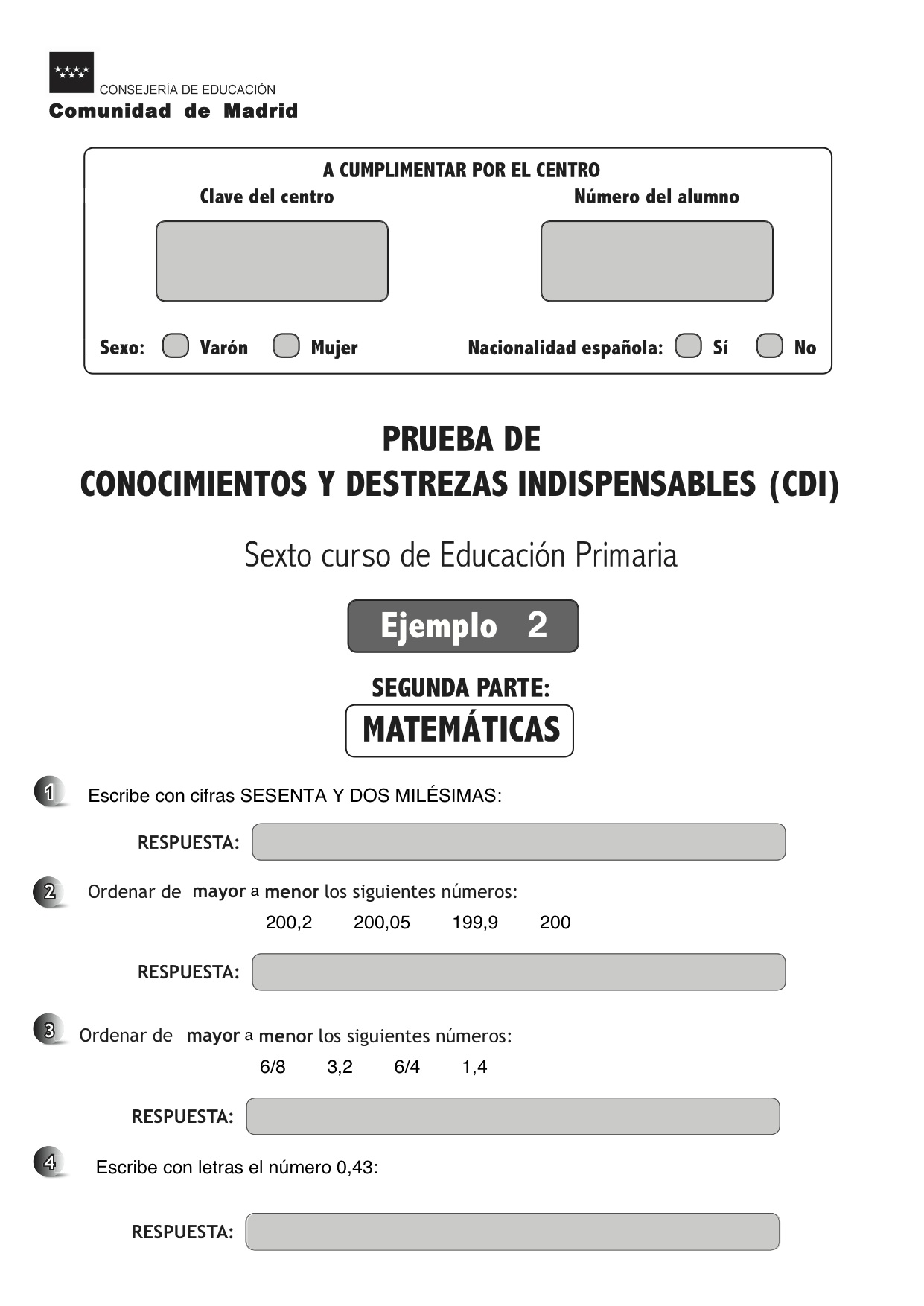 Matemáticas 6º PRIMARIA: Prueba CDI